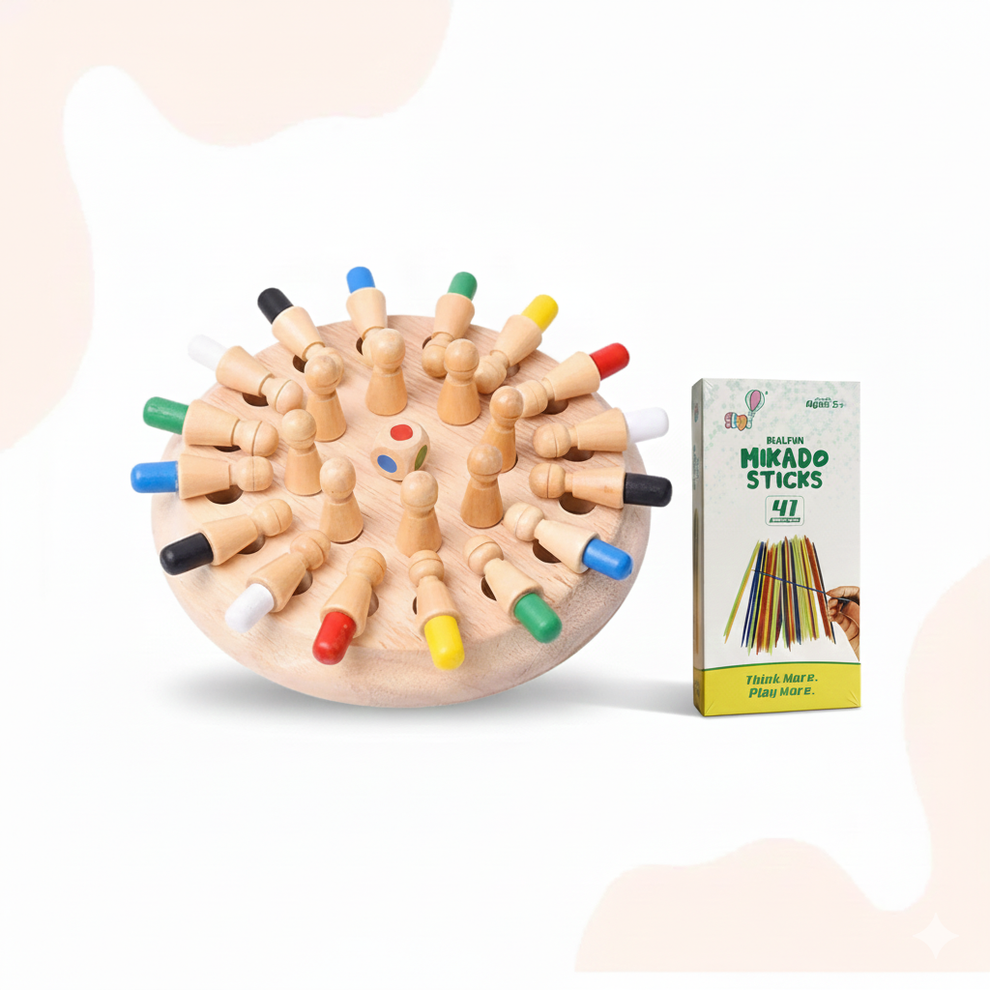 KidzAge Brain Booster Combo | Wooden Memory Match Stick Chess Game + M
